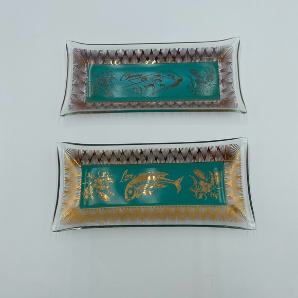 Kitchen | Vintage Pair Mid Century Snack Plates Glass Tray Teal Gold ...
